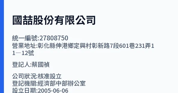 國喆股份有限公司的照片-統編 27808750(彰化縣) 公司登記資料與營業項目詳細圖表