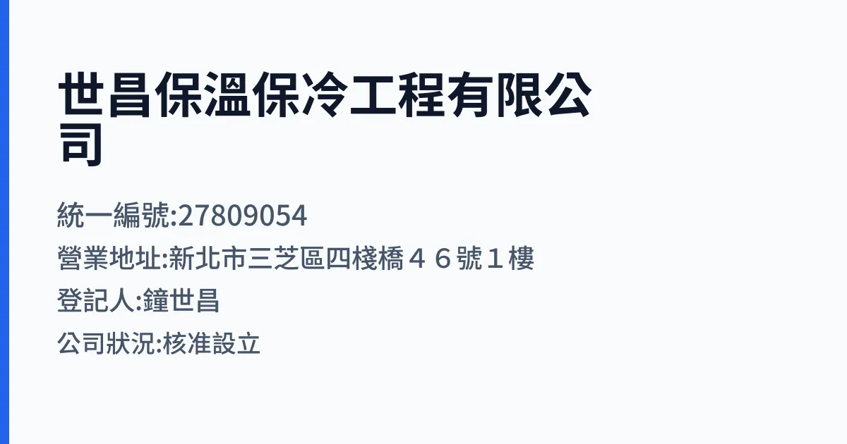 世昌保溫保冷工程有限公司 - 統編 27809054(新北市) 公司登記資料與營業項目詳細圖表