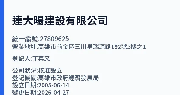 連大暘建設有限公司的照片-統編 27809625(高雄市) 公司登記資料與營業項目詳細圖表