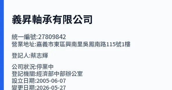 義昇軸承有限公司的照片-統編 27809842(嘉義市) 公司登記資料與營業項目詳細圖表