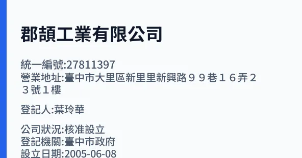 郡頡工業有限公司的照片-統編 27811397(臺中市) 公司登記資料與營業項目詳細圖表