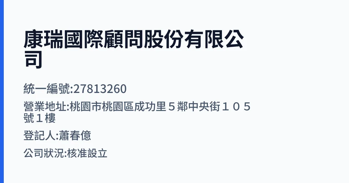 康瑞國際顧問股份有限公司 - 統編 27813260(桃園市) 公司登記資料與營業項目詳細圖表