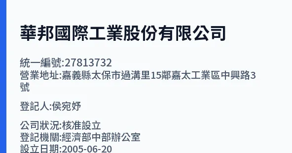 華邦國際工業股份有限公司的照片-統編 27813732(嘉義縣) 公司登記資料與營業項目詳細圖表