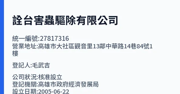 詮台害蟲驅除有限公司的照片-統編 27817316(高雄市) 公司登記資料與營業項目詳細圖表