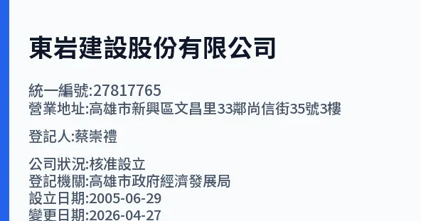 東岩建設股份有限公司的照片-統編 27817765(高雄市) 公司登記資料與營業項目詳細圖表