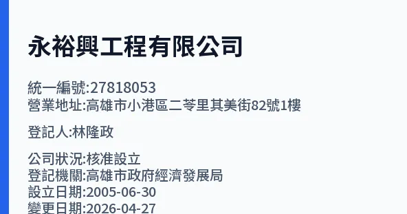 永裕興工程有限公司的照片-統編 27818053(高雄市) 公司登記資料與營業項目詳細圖表