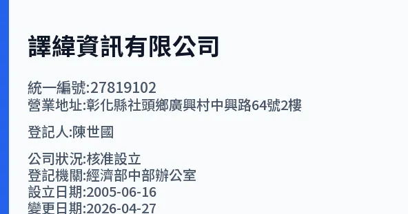 譯緯資訊有限公司的照片-統編 27819102(彰化縣) 公司登記資料與營業項目詳細圖表