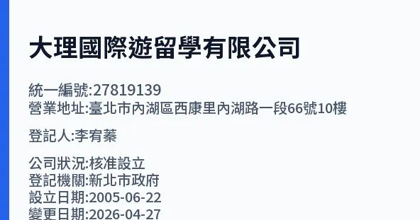 大理國際遊留學有限公司的照片-統編 27819139(臺北市) 公司登記資料與營業項目詳細圖表