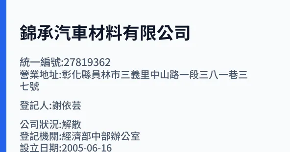 錦承汽車材料有限公司的照片-統編 27819362(彰化縣) 公司登記資料與營業項目詳細圖表