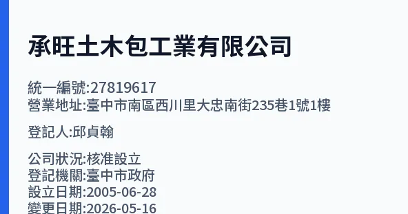承旺土木包工業有限公司的照片-統編 27819617(臺中市) 公司登記資料與營業項目詳細圖表