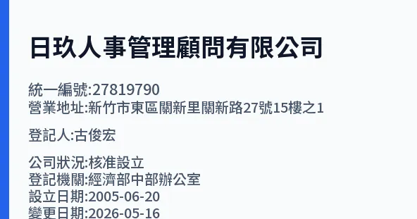 日玖人事管理顧問有限公司的照片-統編 27819790(新竹市) 公司登記資料與營業項目詳細圖表