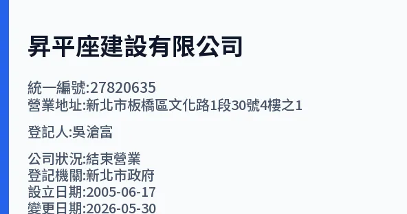 昇平座建設有限公司的照片-統編 27820635(新北市) 公司登記資料與營業項目詳細圖表