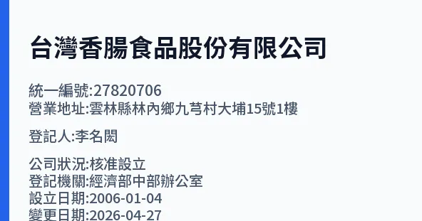 台灣香腸食品股份有限公司的照片-統編 27820706(雲林縣) 公司登記資料與營業項目詳細圖表