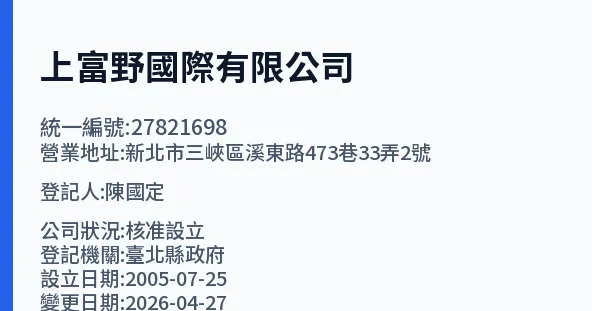 上富野國際有限公司的照片-統編 27821698(新北市) 公司登記資料與營業項目詳細圖表