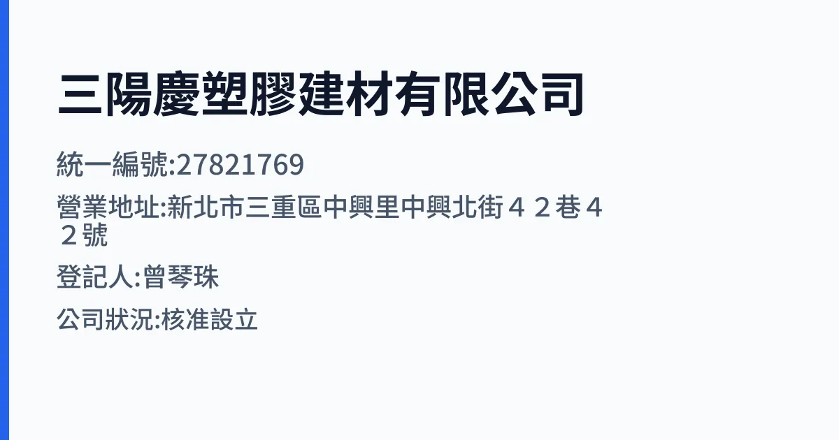 三陽慶塑膠建材有限公司 - 統編 27821769(新北市) 公司登記資料與營業項目詳細圖表