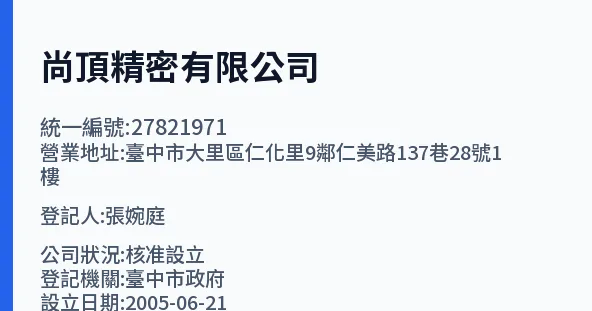 尚頂精密有限公司的照片-統編 27821971(臺中市) 公司登記資料與營業項目詳細圖表