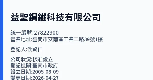 益聖鋼鐵科技有限公司的照片-統編 27822900(臺南市) 公司登記資料與營業項目詳細圖表