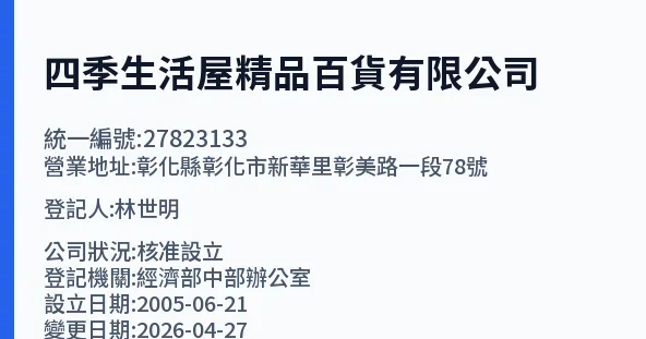 四季生活屋精品百貨有限公司的照片-統編 27823133(彰化縣) 公司登記資料與營業項目詳細圖表