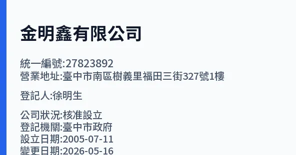 金明鑫有限公司的照片-統編 27823892(臺中市) 公司登記資料與營業項目詳細圖表