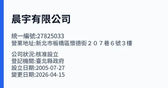 晨宇有限公司的照片-統編 27825033(新北市) 公司登記資料與營業項目詳細圖表