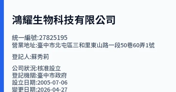 鴻耀生物科技有限公司的照片-統編 27825195(臺中市) 公司登記資料與營業項目詳細圖表