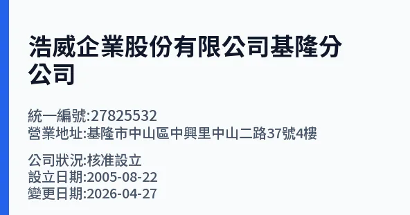 浩威企業股份有限公司基隆分公司的照片-統編 27825532(基隆市) 公司登記資料與營業項目詳細圖表