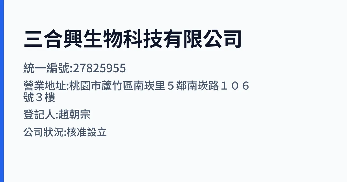 三合興生物科技有限公司 - 統編 27825955(桃園市) 公司登記資料與營業項目詳細圖表