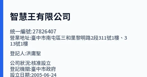 智慧王有限公司的照片-統編 27826407(臺中市) 公司登記資料與營業項目詳細圖表