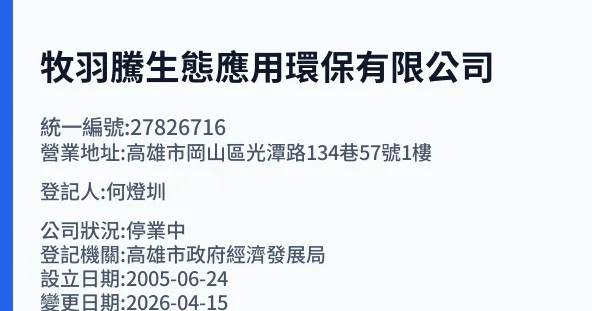 牧羽騰生態應用環保有限公司的照片-統編 27826716(高雄市) 公司登記資料與營業項目詳細圖表