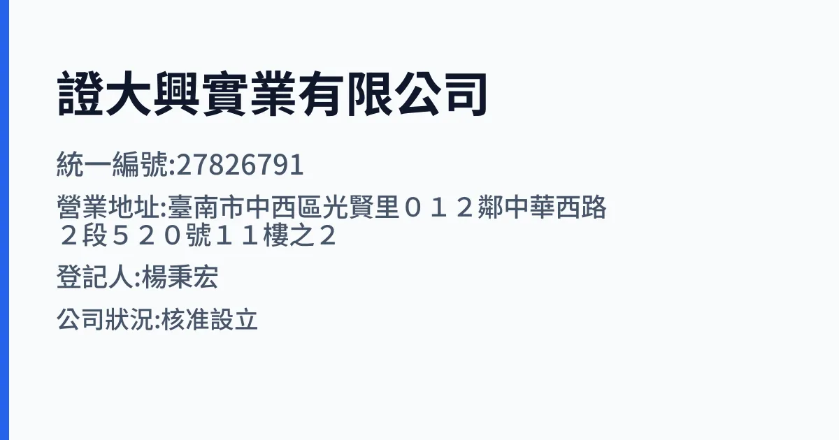 證大興實業有限公司 - 統編 27826791(臺南市) 公司登記資料與營業項目詳細圖表
