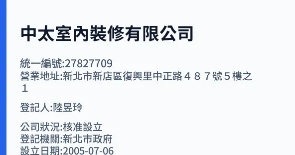 中太室內裝修有限公司的照片-統編 27827709(新北市) 公司登記資料與營業項目詳細圖表