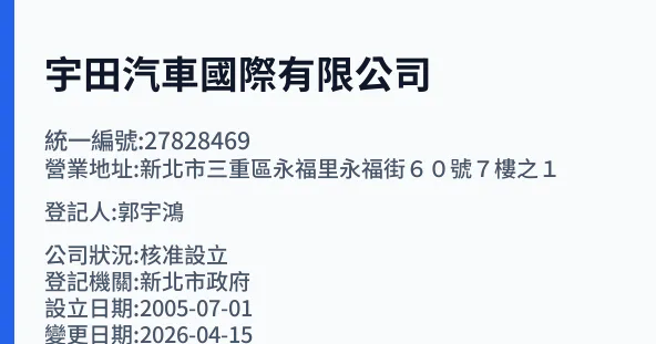 宇田汽車國際有限公司的照片-統編 27828469(新北市) 公司登記資料與營業項目詳細圖表