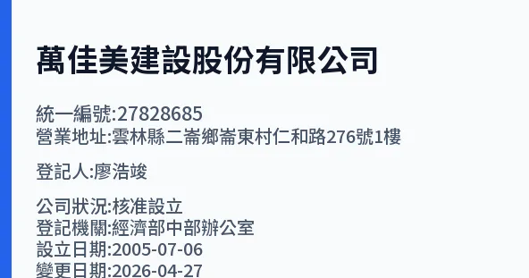 萬佳美建設股份有限公司的照片-統編 27828685(雲林縣) 公司登記資料與營業項目詳細圖表