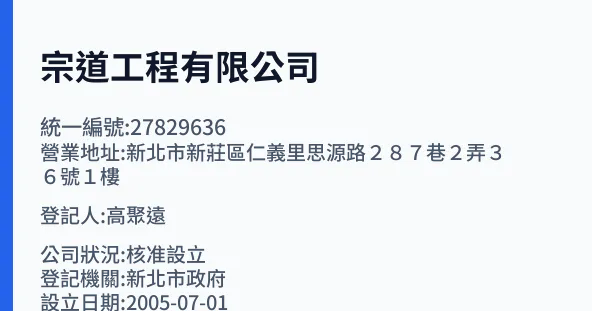 宗道工程有限公司的照片-統編 27829636(新北市) 公司登記資料與營業項目詳細圖表
