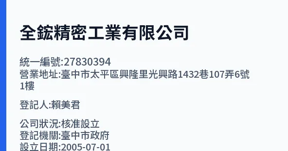 全鋐精密工業有限公司的照片-統編 27830394(臺中市) 公司登記資料與營業項目詳細圖表