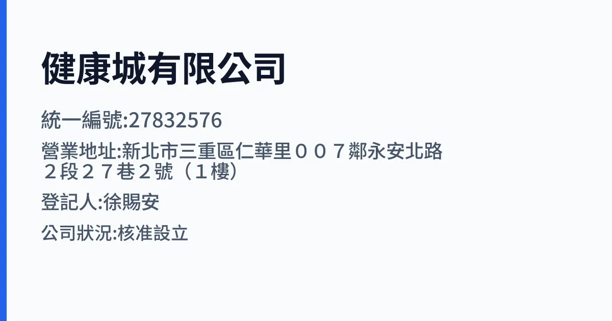 健康城有限公司 - 統編 27832576(新北市) 公司登記資料與營業項目詳細圖表