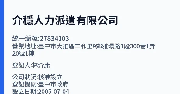 介穩人力派遣有限公司的照片-統編 27834103(臺中市) 公司登記資料與營業項目詳細圖表