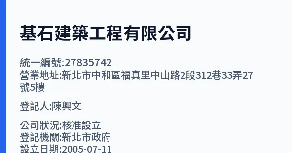 基石建築工程有限公司的照片-統編 27835742(新北市) 公司登記資料與營業項目詳細圖表
