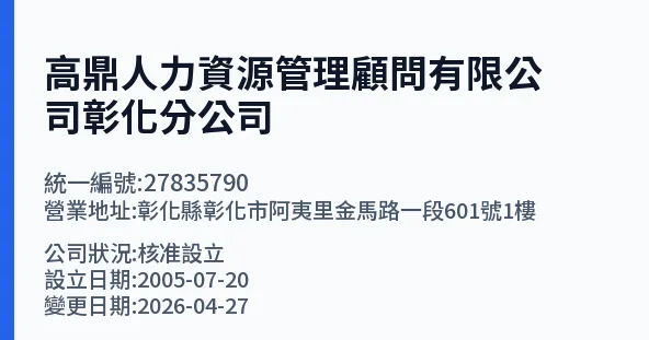 高鼎人力資源管理顧問有限公司彰化分公司的照片-統編 27835790(彰化縣) 公司登記資料與營業項目詳細圖表