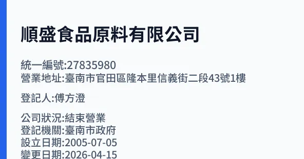 順盛食品原料有限公司的照片-統編 27835980(臺南市) 公司登記資料與營業項目詳細圖表