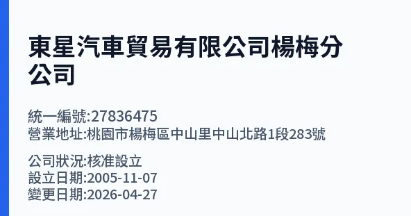 東星汽車貿易有限公司楊梅分公司的照片-統編 27836475(桃園市) 公司登記資料與營業項目詳細圖表