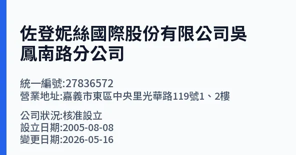 佐登妮絲國際股份有限公司吳鳳南路分公司的照片-統編 27836572(嘉義市) 公司登記資料與營業項目詳細圖表