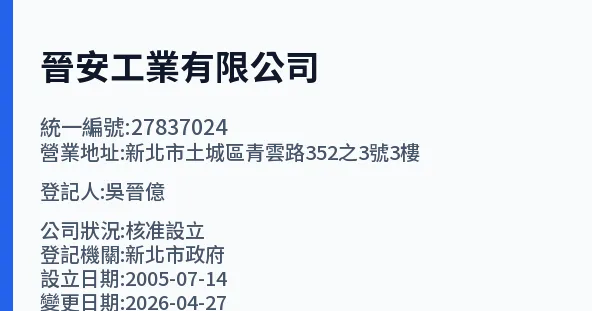 晉安工業有限公司的照片-統編 27837024(新北市) 公司登記資料與營業項目詳細圖表
