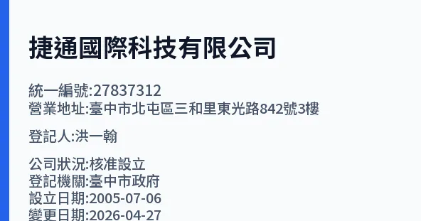 捷通國際科技有限公司的照片-統編 27837312(臺中市) 公司登記資料與營業項目詳細圖表