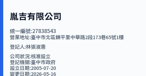胤吉有限公司的照片-統編 27838543(臺中市) 公司登記資料與營業項目詳細圖表