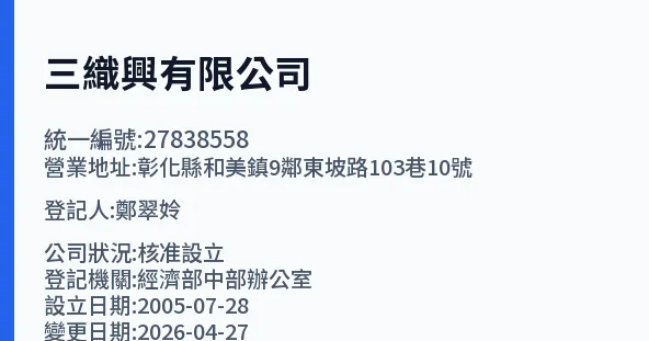 三織興有限公司的照片-統編 27838558(彰化縣) 公司登記資料與營業項目詳細圖表