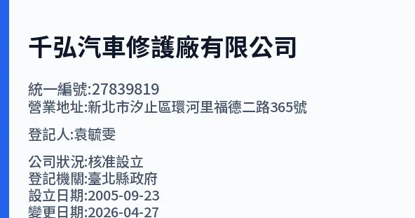 千弘汽車修護廠有限公司的照片-統編 27839819(新北市) 公司登記資料與營業項目詳細圖表