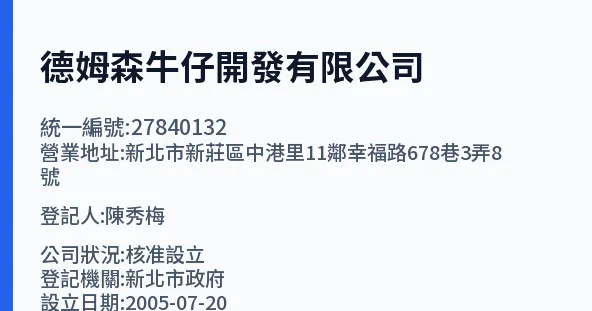 德姆森牛仔開發有限公司的照片-統編 27840132(新北市) 公司登記資料與營業項目詳細圖表
