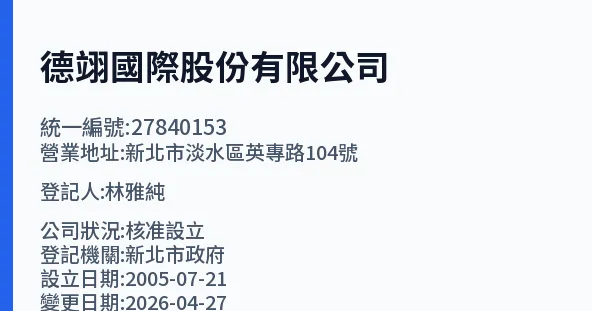 德翊國際股份有限公司的照片-統編 27840153(新北市) 公司登記資料與營業項目詳細圖表