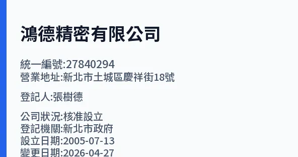 鴻德精密有限公司的照片-統編 27840294(新北市) 公司登記資料與營業項目詳細圖表